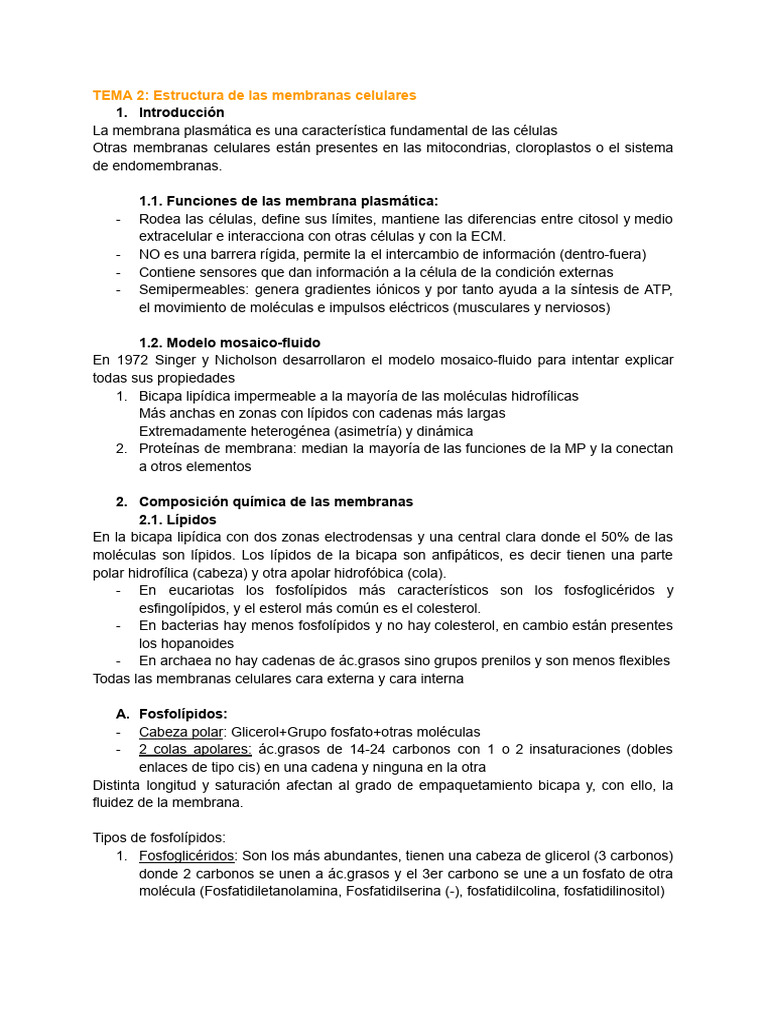 TEMA 2 - Estructura de Las Membranas Celulares | PDF