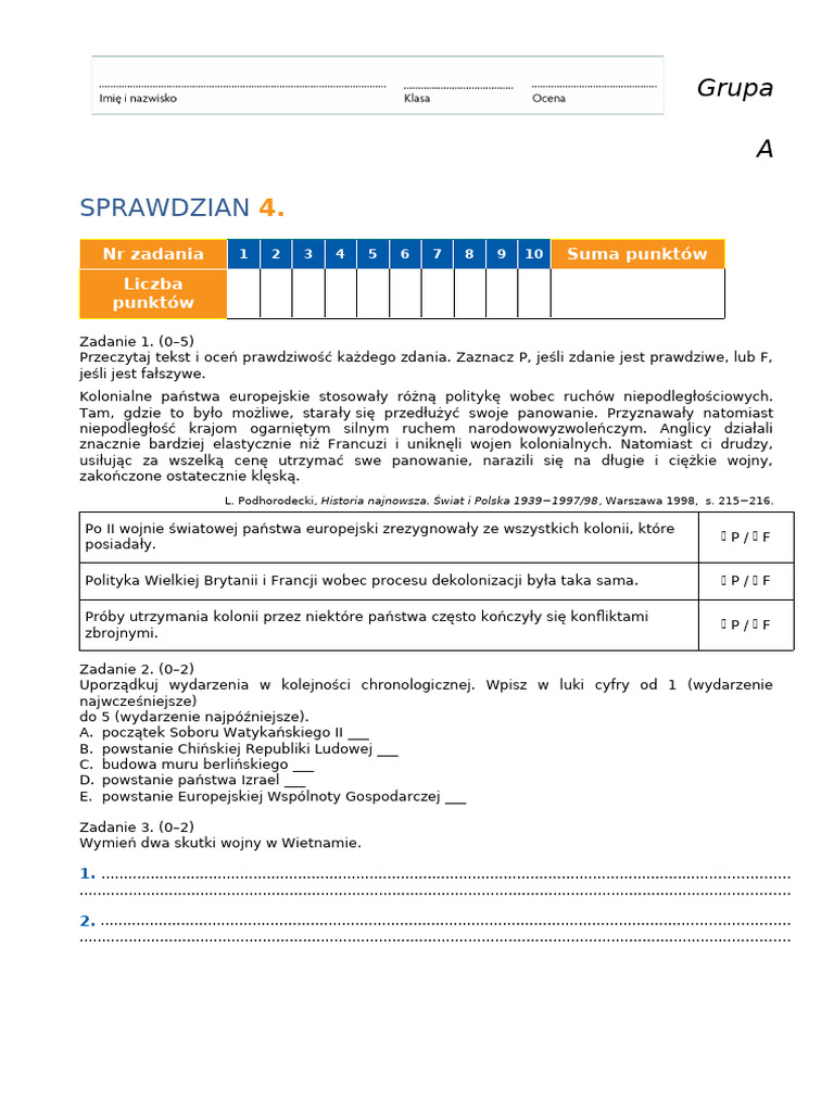 Hist SP 4 8 Historia KL 8 Sprawdzian 4 | PDF