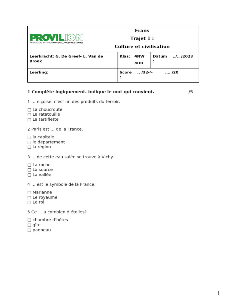 Trajet 1 Test de Vocabulaire | PDF