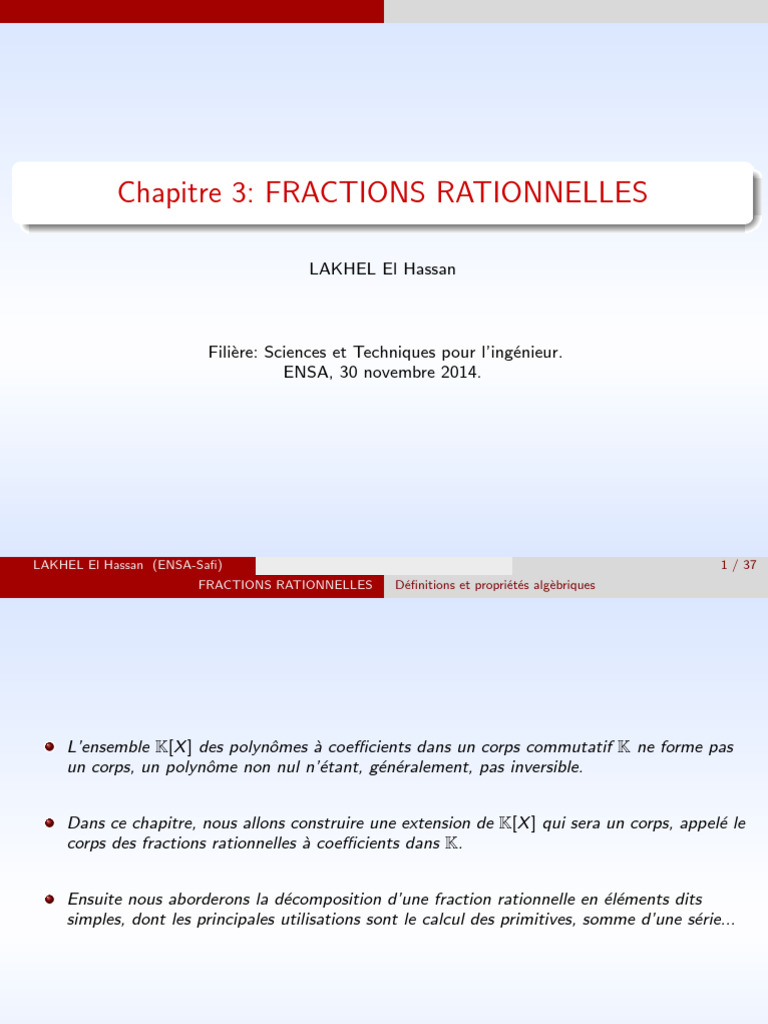 Chapitre 3 Fractions Rationnelle - Algèbre - PR LAKHEL El Hassan 2014 | PDF