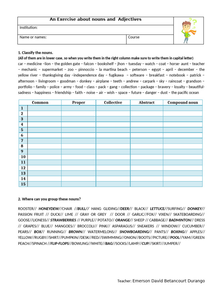 Exercise About Nouns and Adjectives Grammar Drills Tests Worksheet ...