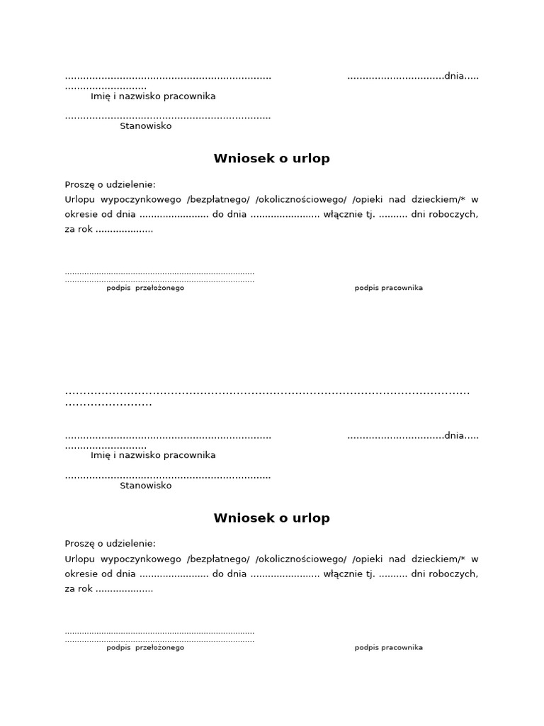 Wniosek Urlopowy | PDF
