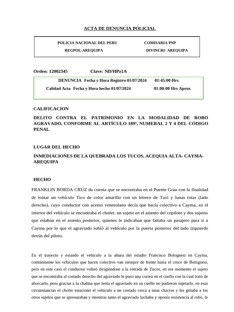 Acta De Denuncia Policial Pdf
