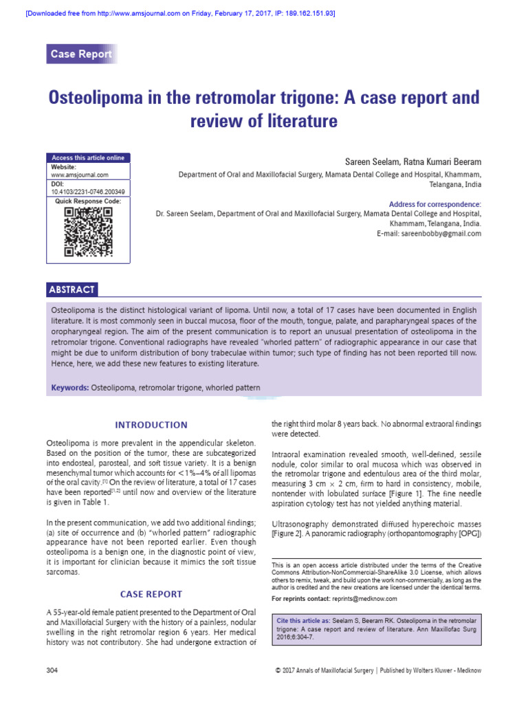 Osteolipoma in The Retromolar Trigone A Case Repor | PDF