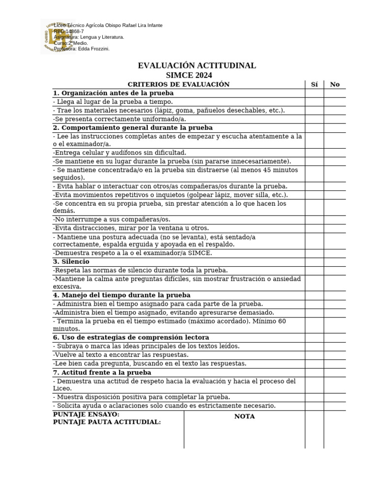 Evaluación Actitudinal - Simce - 2024 | PDF