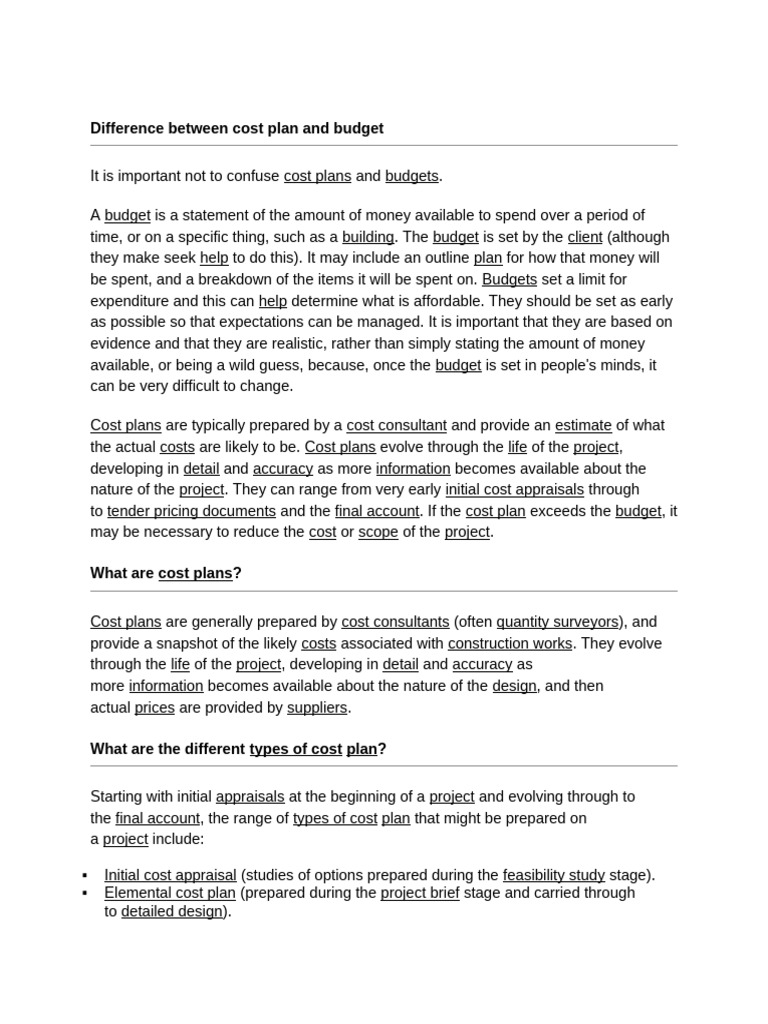 Difference Between Cost Plan and Budget | PDF