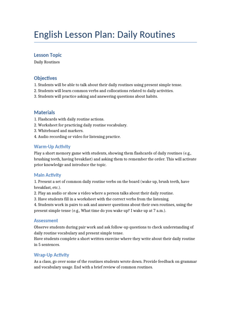 English Lesson Plan Daily Routines | PDF