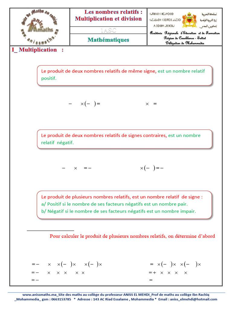 09les Nombres Relatifs Multiplication Et Division | PDF