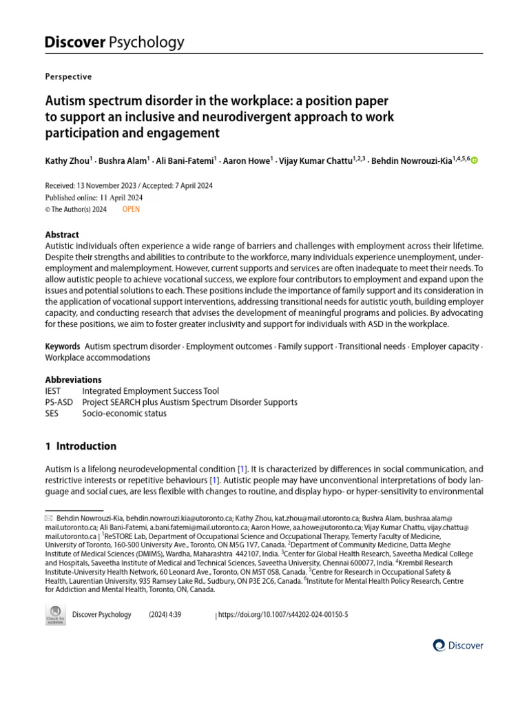 Autism Spectrum Disorder in The Workplace - A Position Paper To Support ...