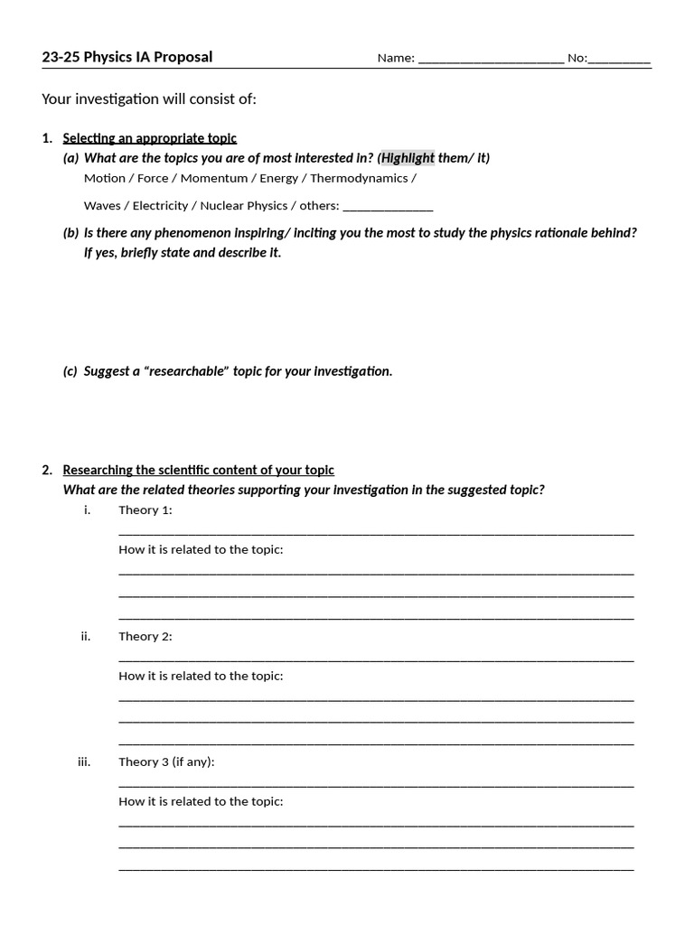 2325 Physics IA Proposal New Rubrics | PDF