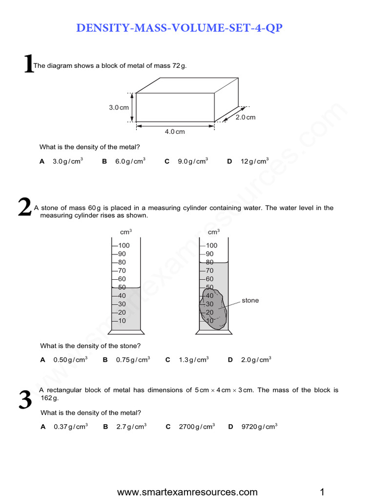 1.2 0654 P2 Density Mass Volume Length Set 4 QP | PDF