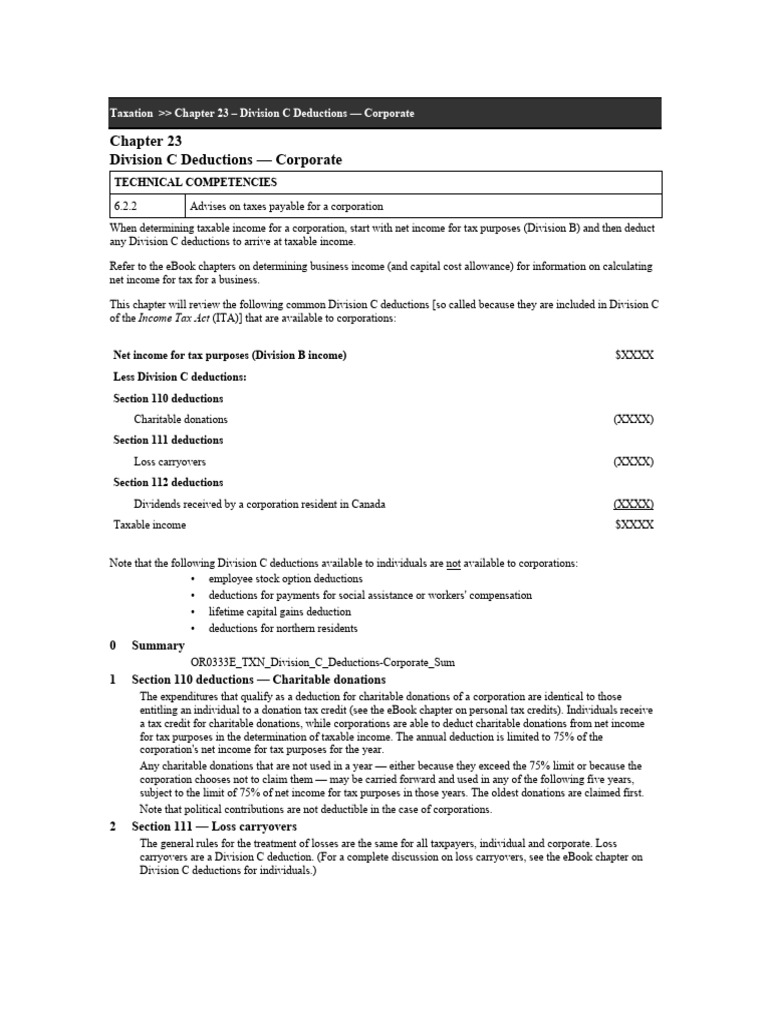 Tax Chapter 23 Division C Deductions - Corporate | PDF