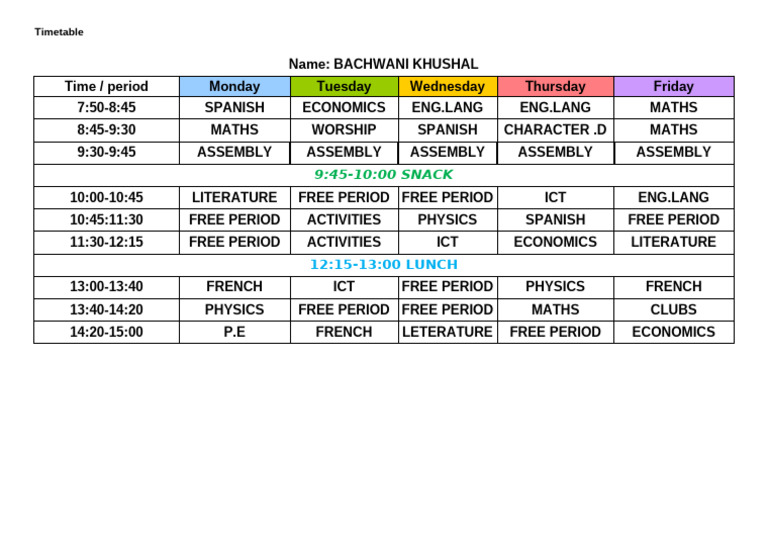 Timetable Monday to Friday in Colour | PDF