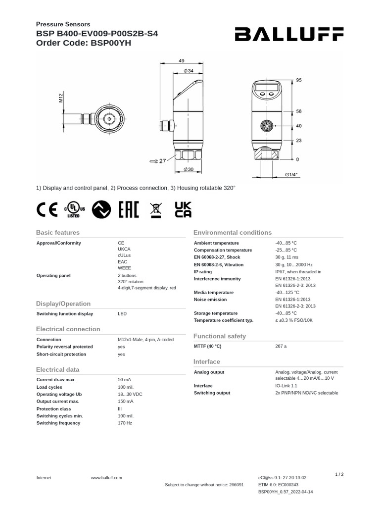 BSP B400-EV009-P00S2B-S4 Order Code: BSP00YH: Pressure Sensors | PDF