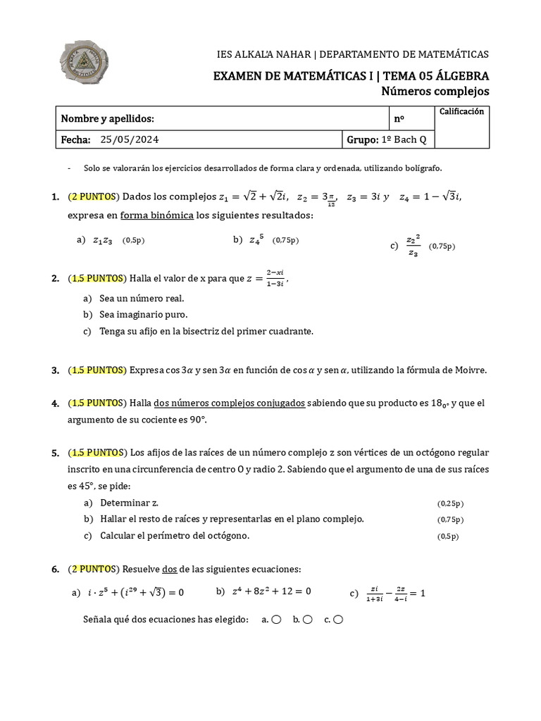 EXAMEN Ã LGEBRA NÃºmeros Complejos Soluciones | PDF
