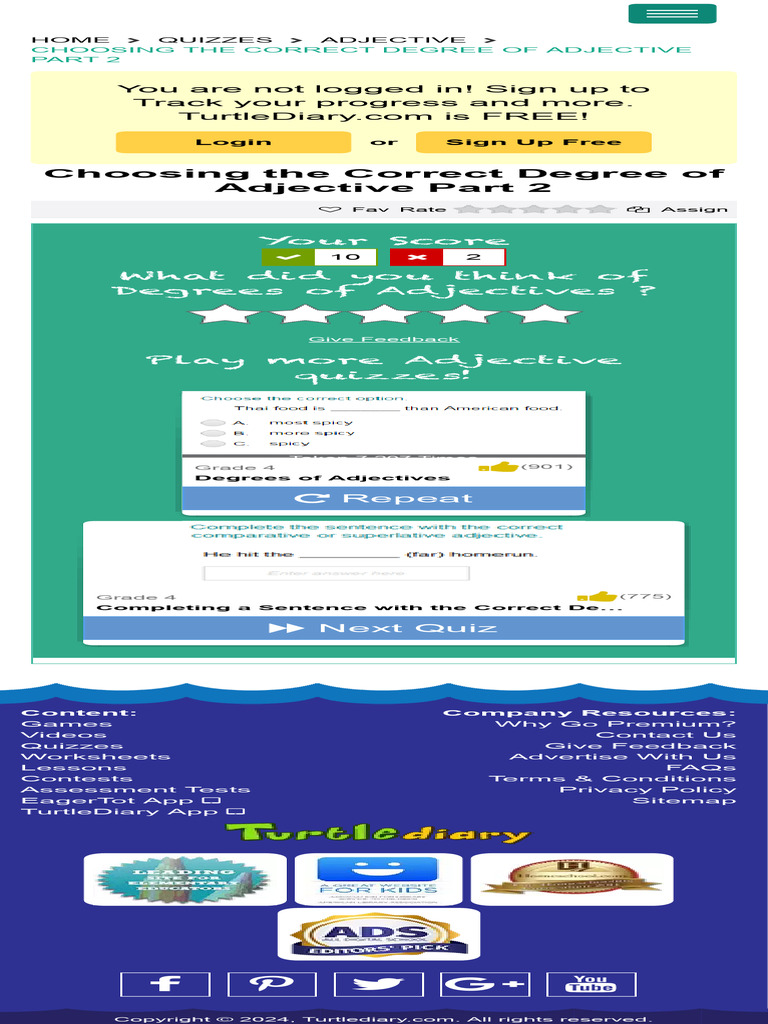 Degrees of Adjectives Quiz Turtle Diary | PDF