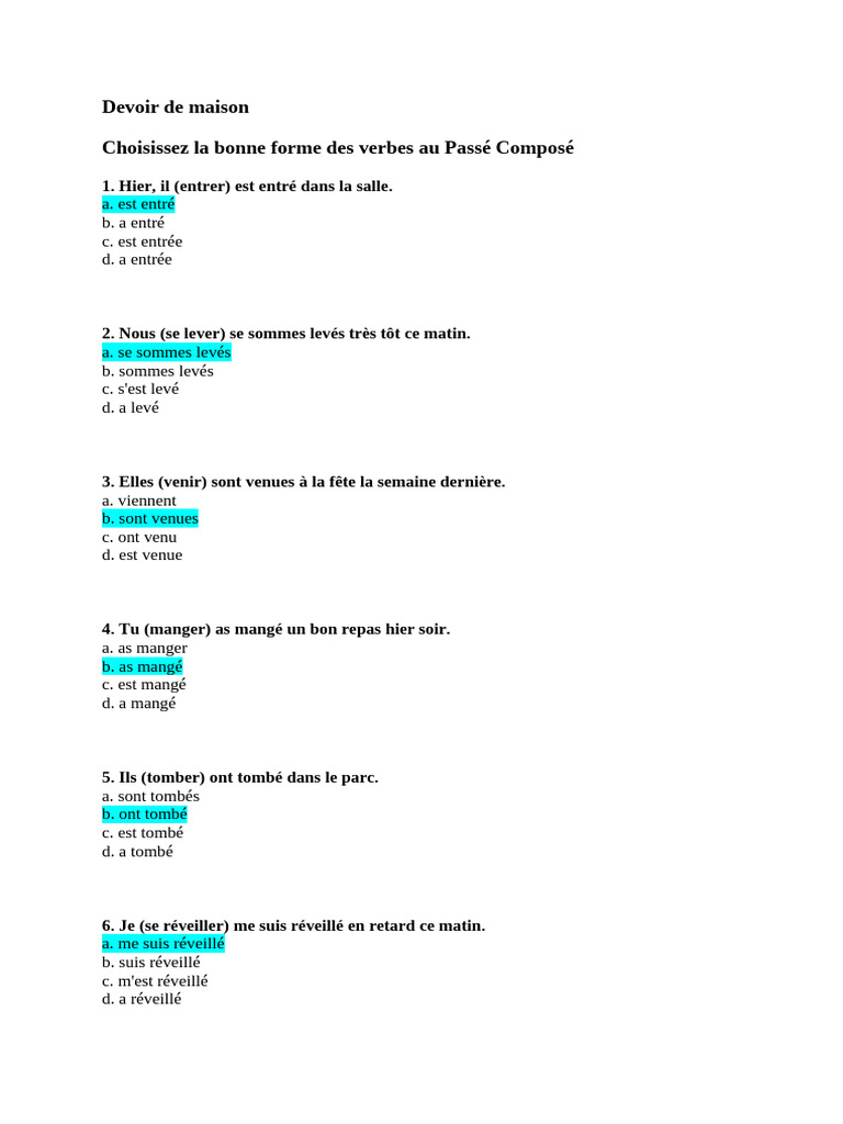 Devoir Passé Composé Exercice | PDF | Arts du langage et discipline ...