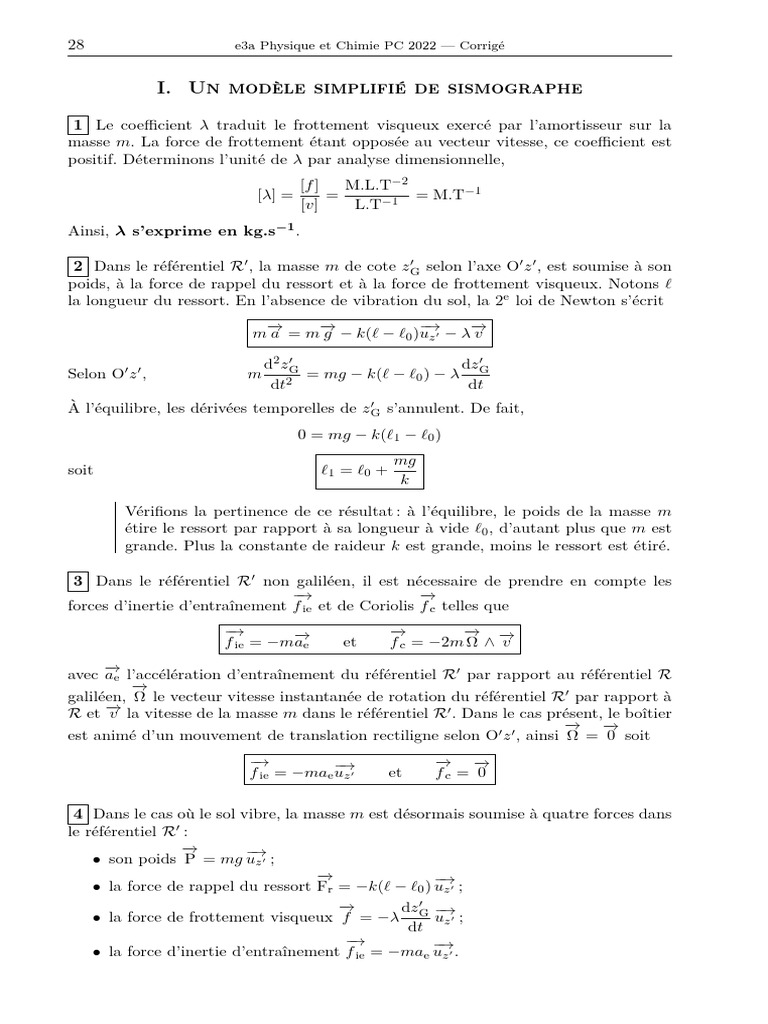 E3a Physique Et Chimie PC 2022-Principe Sismographe - Corrigé | PDF