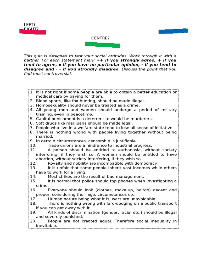 Left, Right, Centre - Quiz | PDF