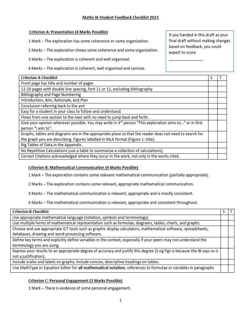 Maths IA Student Feedback Checklist 2024 | PDF