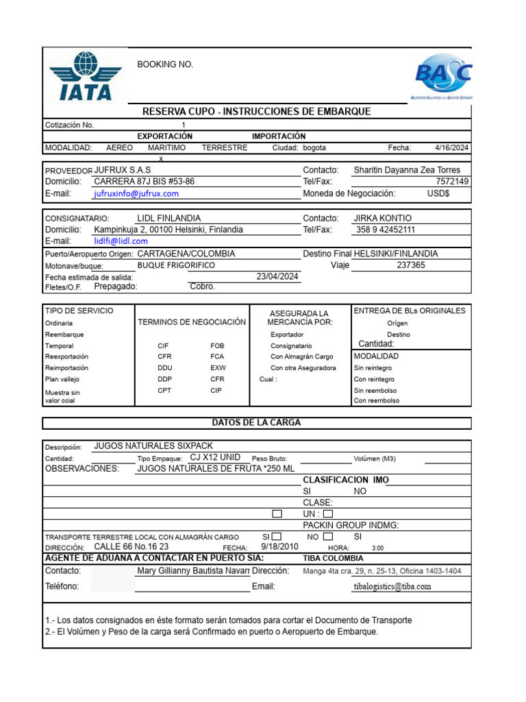 BOOKING RESERVA DE ESPACIO (2) - Hoja1 | PDF