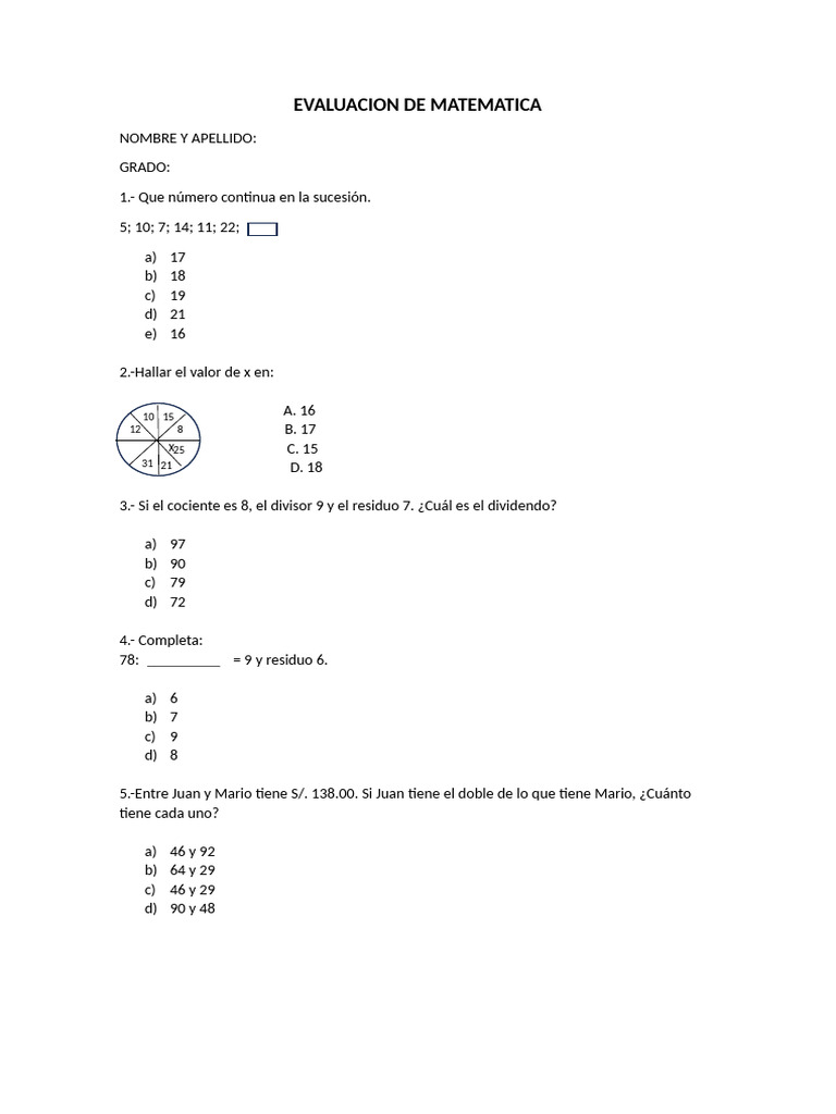 EVALUACION DE MATEMATICA Prof. Vilma | PDF
