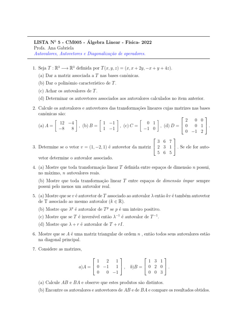 Lista 5 Álgebra Linear | PDF