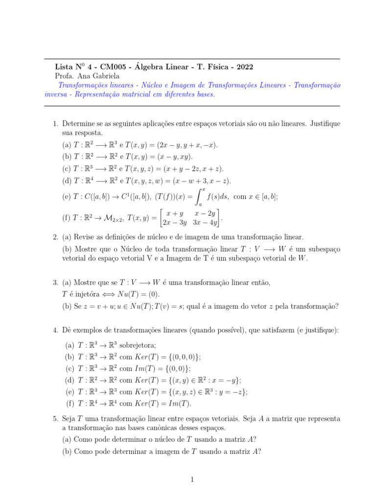 Lista Nº4 Algebra Linear | PDF
