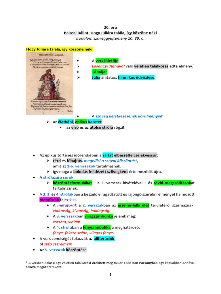 20 Óra Balassi Hogy Júliára Talála | PDF