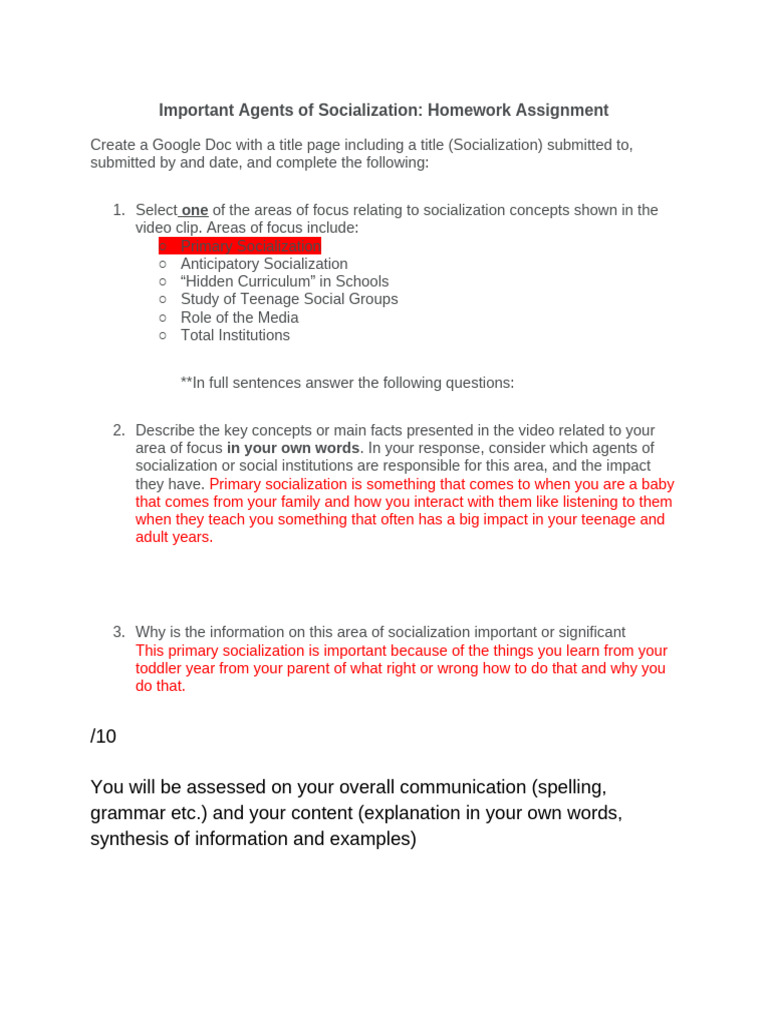 Important Agents of Socialization - Homework Assignment | PDF