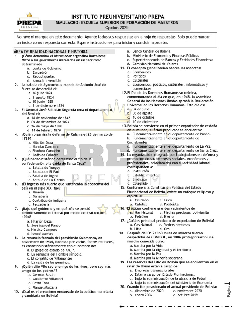 SIMULACRO PRUEBA ESCRITA DE 1 A 80 PREGUNTAS | PDF
