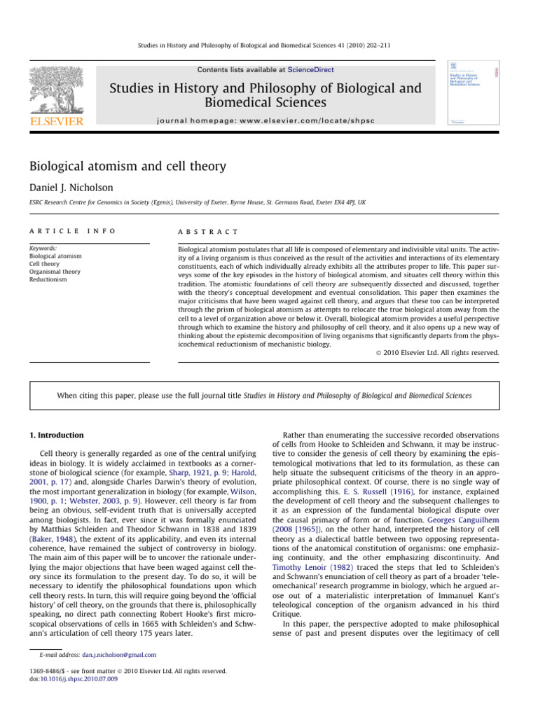 Biological Atomism and Cell Theory | PDF