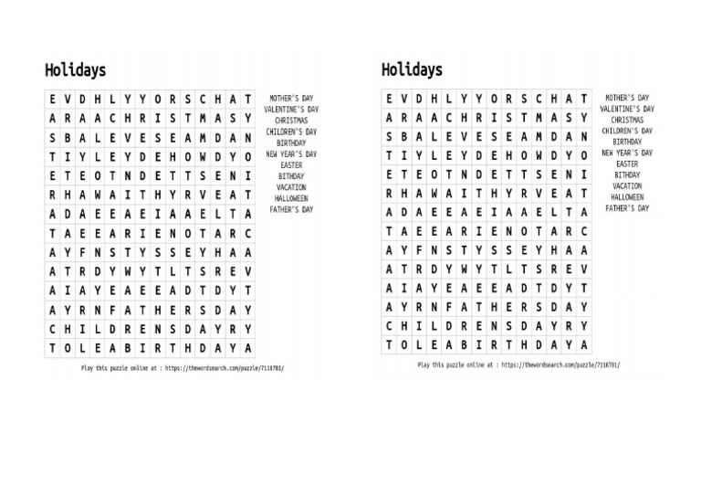 Wordsearch Holidays | PDF