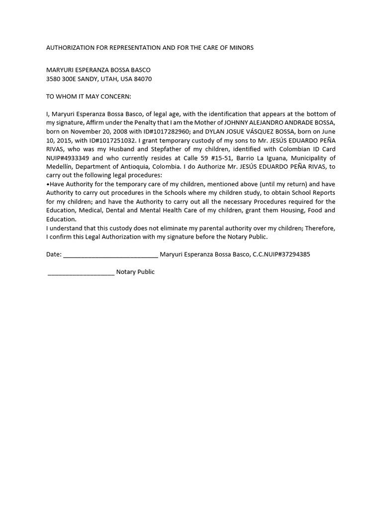 Have Authority For The Temporary Care of My Children, Mentioned Above ...