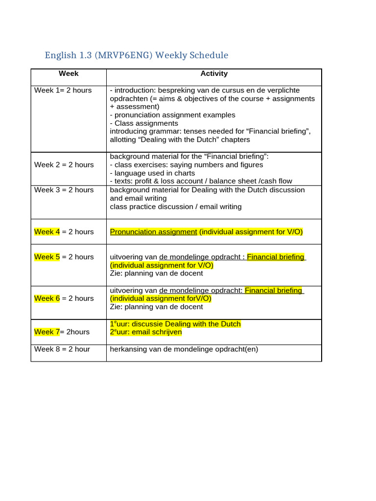 English 1.3 Weekly Schedule (1) | PDF
