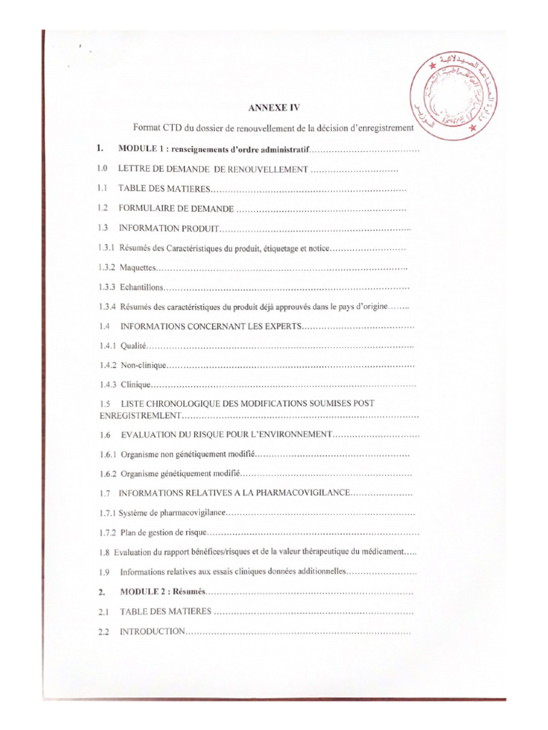 Annexe IV Format CTD Du Dossier de Renouvellement de La Decision D ...