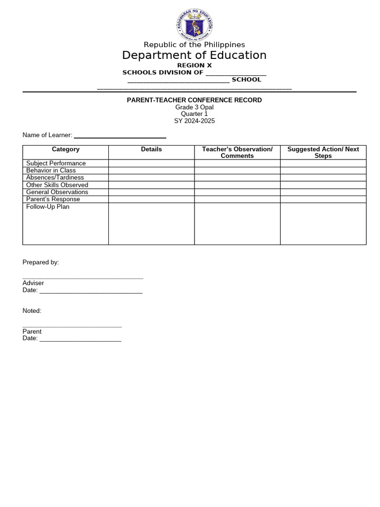 Parent Teacher Record Format | PDF