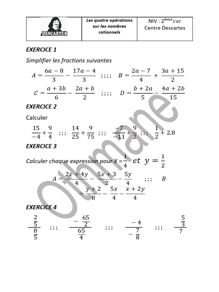 Les Quatre Operations Sur Les Nombres Rationnels Serie N°1 | PDF