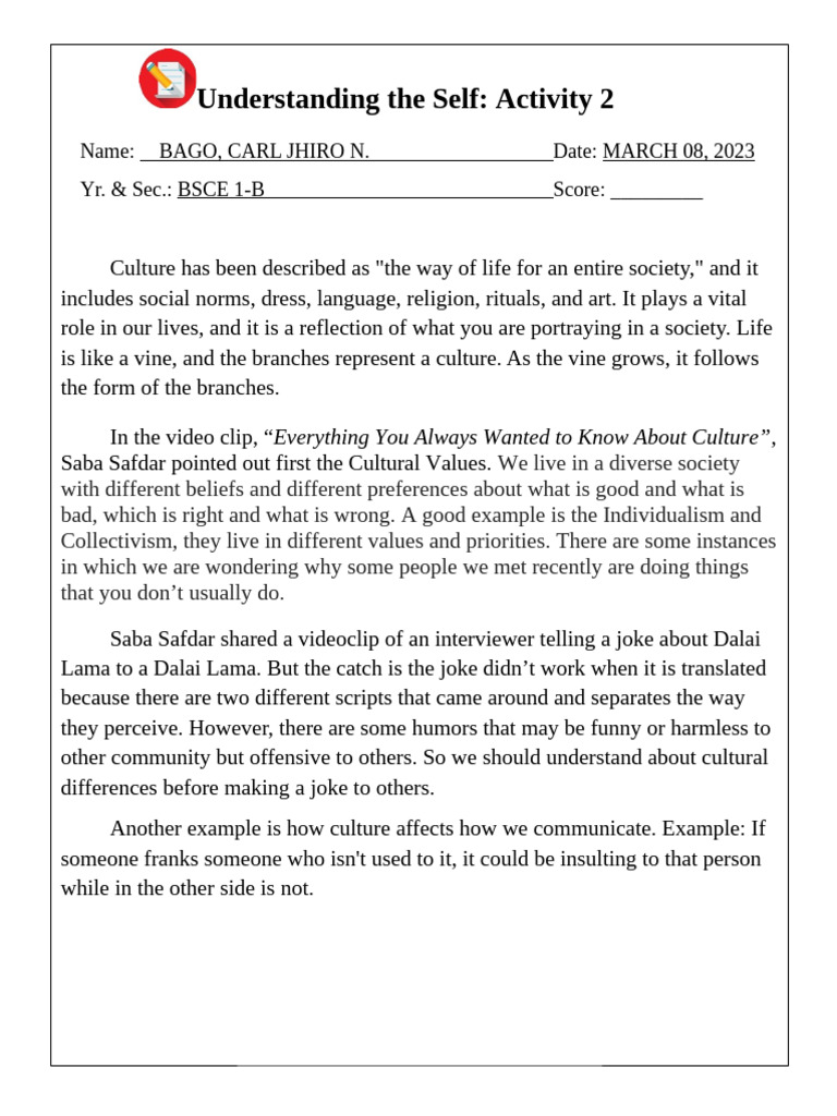 Understanding The Self: Activity 2: Name: Bago, Carl Jhiro N. Date: MARCH 08, 2023 Yr. & Sec ...