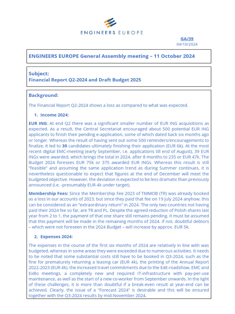 GA 39 Financial Report Q2 2024 and Draft Budget 2025 - 0 | PDF ...