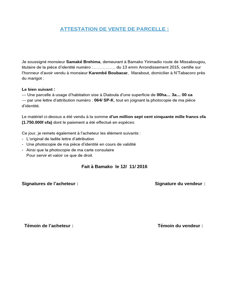 Attestation-De-Vente..de Parcelle | PDF