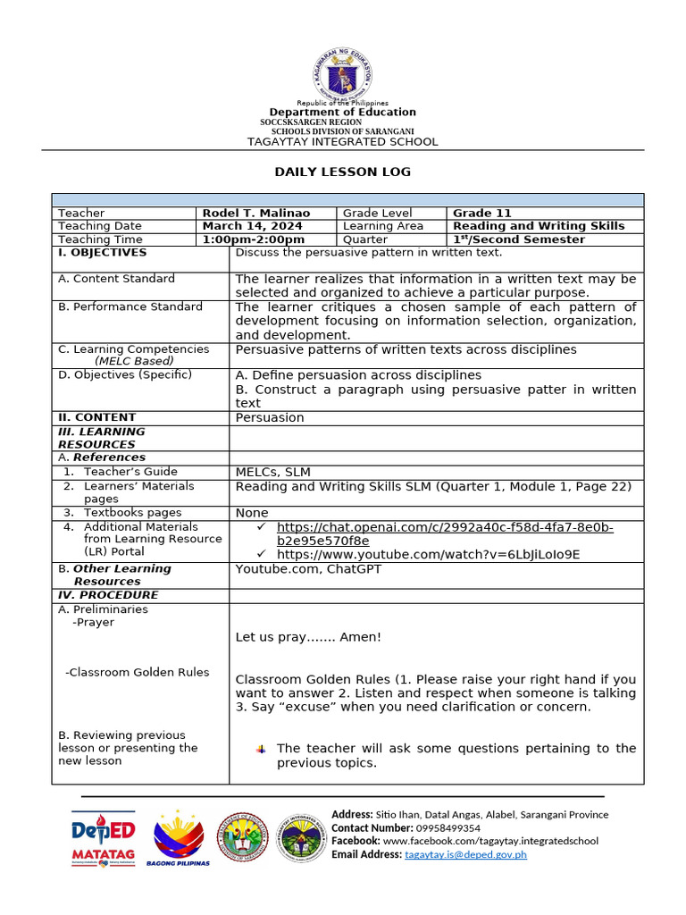 Lesson Plan - Reading and Writing Skills | PDF | Teachers | Learning