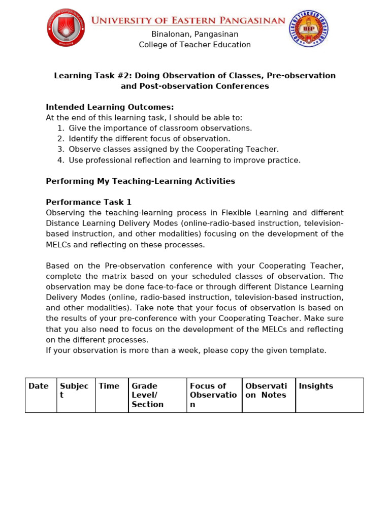 Classroom Observation & Reflection Task | PDF | Learning | Teacher ...