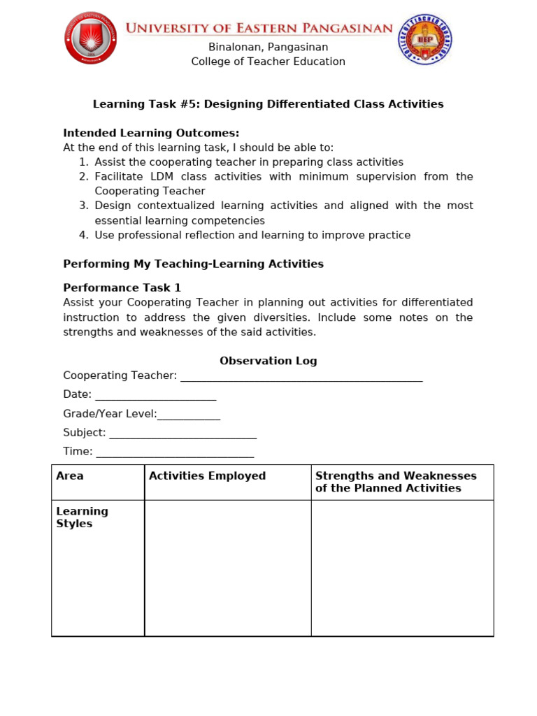 AUTOR PHILLIP A. - Learning Task #5 Designing Differentiated Class ... AUTOR PHILLIP A. - Learning Task #5 Designing Differentiated Class ...