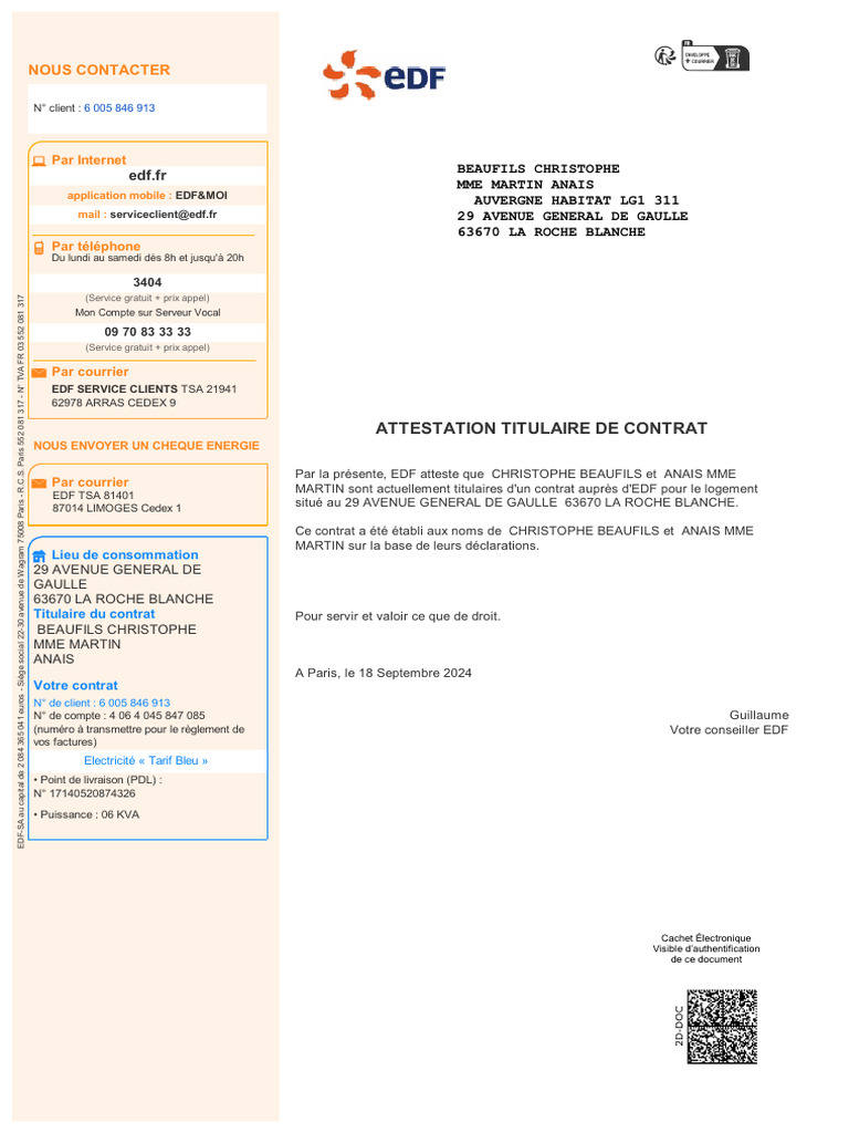 Attestation Titulaire de Contrat | PDF