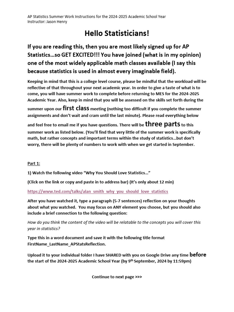AP Statistics Summer Work Assignment (2024 - 2025SY) | PDF