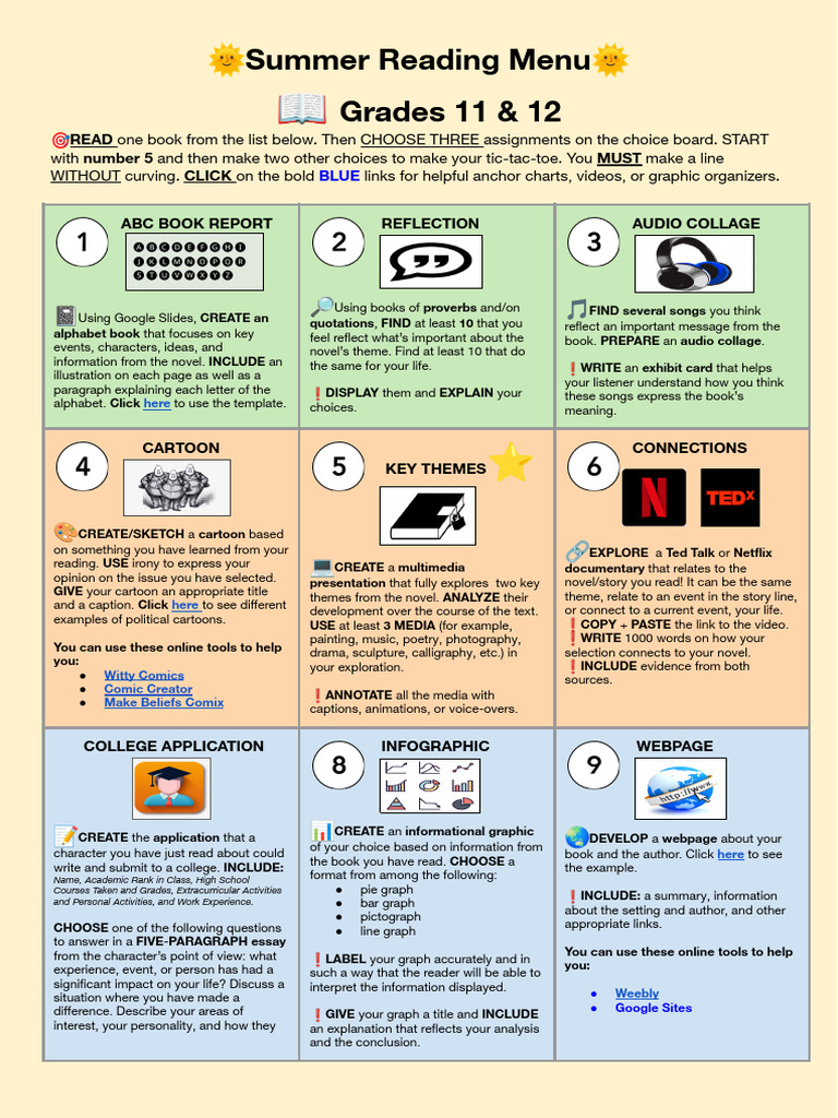 G11-12 Summer Reading Choice Board | PDF