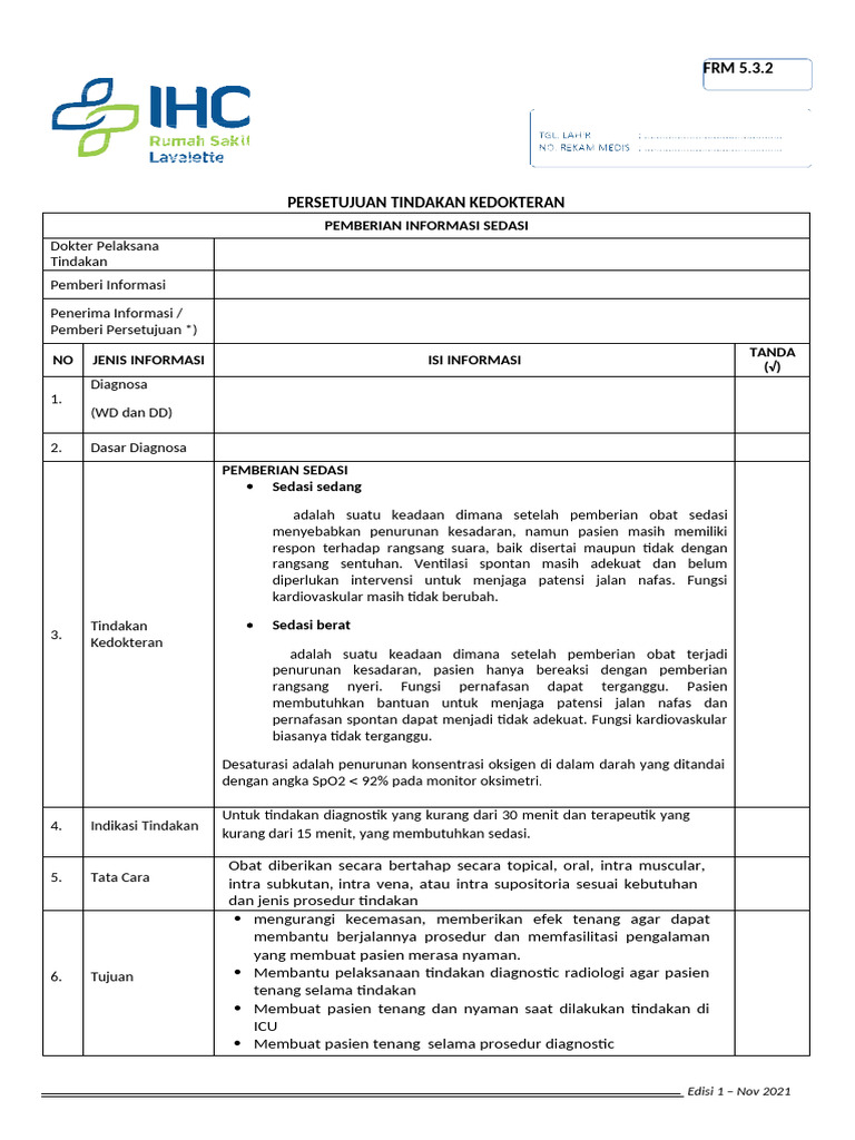 Form Sedasi Anestesi | PDF