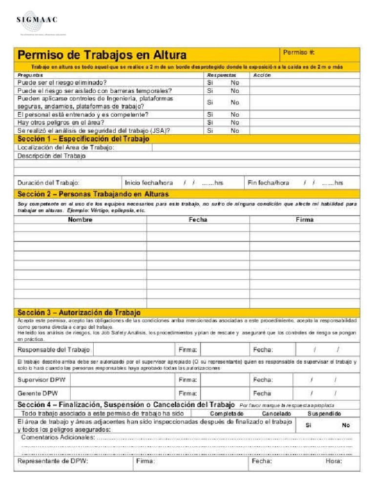 PERMISO DE TRABAJO EN ALTURAS | PDF