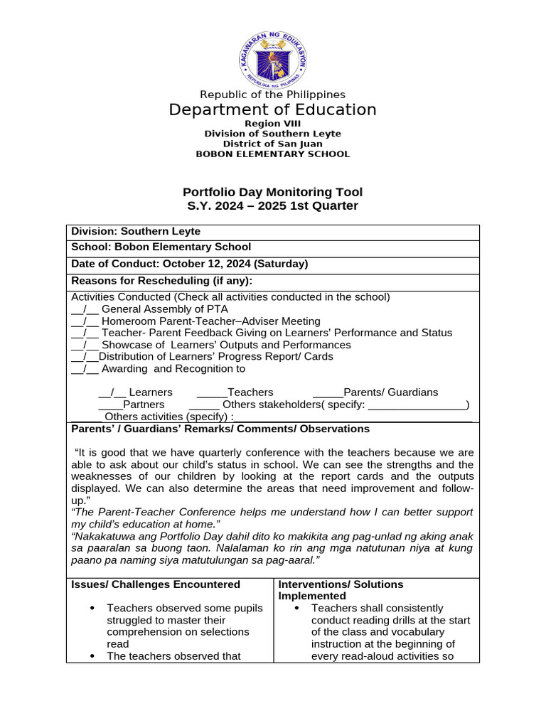 Portfolio Day Monitoring Tool 1st Q 2024 2025 | PDF